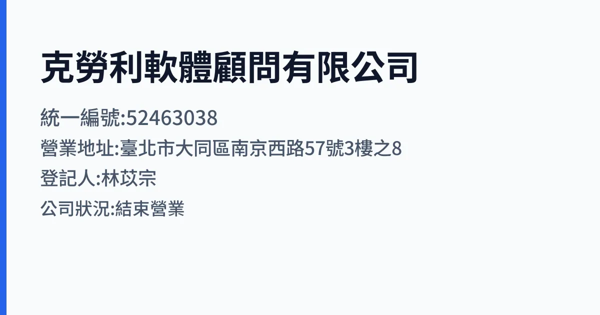克勞利軟體顧問有限公司 - 統編 52463038(臺北市) 公司登記資料與營業項目詳細圖表