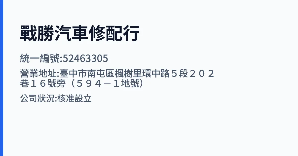 戰勝汽車修配行 - 統編 52463305(臺中市) 公司登記資料與營業項目詳細圖表