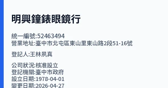 明興鐘錶眼鏡行的照片-統編 52463494(臺中市) 公司登記資料與營業項目詳細圖表