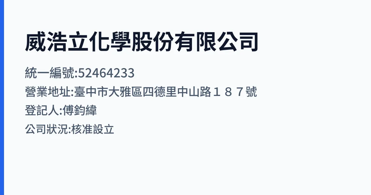 威浩立化學股份有限公司 - 統編 52464233（臺中市） 公司登記資料與營業項目詳細圖表