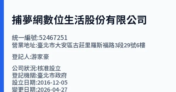 捕夢網數位生活股份有限公司的照片-統編 52467251(臺北市) 公司登記資料與營業項目詳細圖表