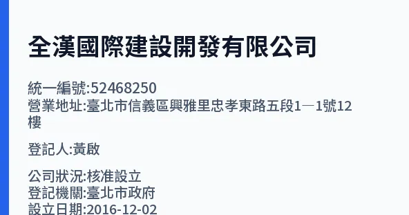 全漢國際建設開發有限公司的照片-統編 52468250(臺北市) 公司登記資料與營業項目詳細圖表