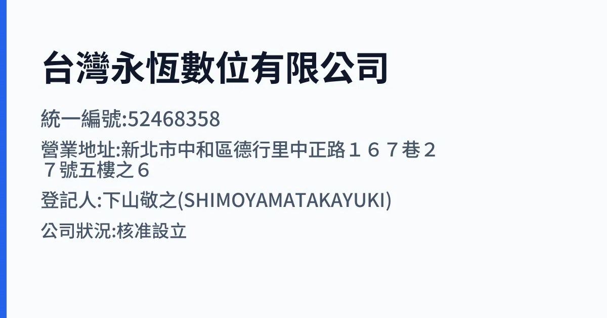 台灣永恆數位有限公司 - 統編 52468358(新北市) 公司登記資料與營業項目詳細圖表