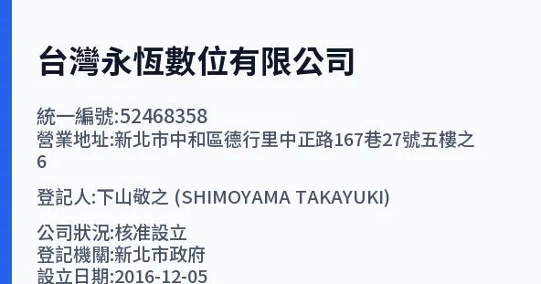 台灣永恆數位有限公司的照片-統編 52468358(新北市) 公司登記資料與營業項目詳細圖表