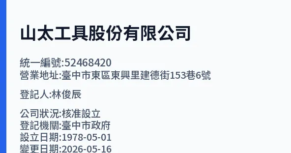 山太工具股份有限公司的照片-統編 52468420(臺中市) 公司登記資料與營業項目詳細圖表