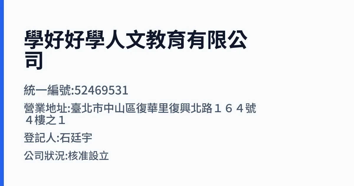 學好好學人文教育有限公司 - 統編 52469531(臺北市) 公司登記資料與營業項目詳細圖表