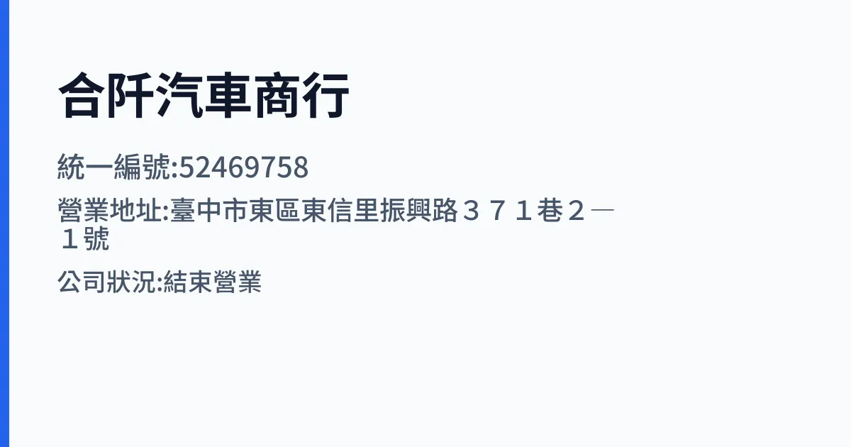 合阡汽車商行 - 統編 52469758(臺中市) 公司登記資料與營業項目詳細圖表