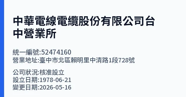 中華電線電纜股份有限公司台中營業所的照片-統編 52474160(臺中市) 公司登記資料與營業項目詳細圖表