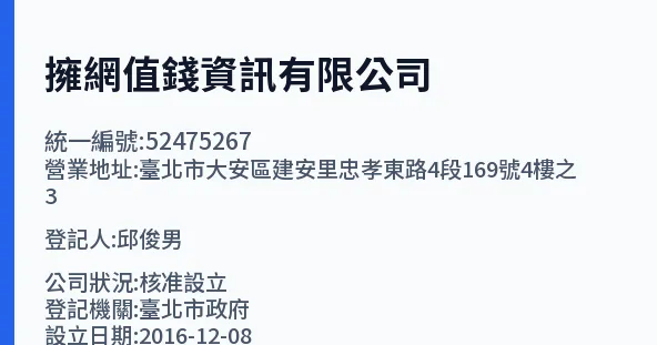 擁網值錢資訊有限公司的照片-統編 52475267(臺北市) 公司登記資料與營業項目詳細圖表