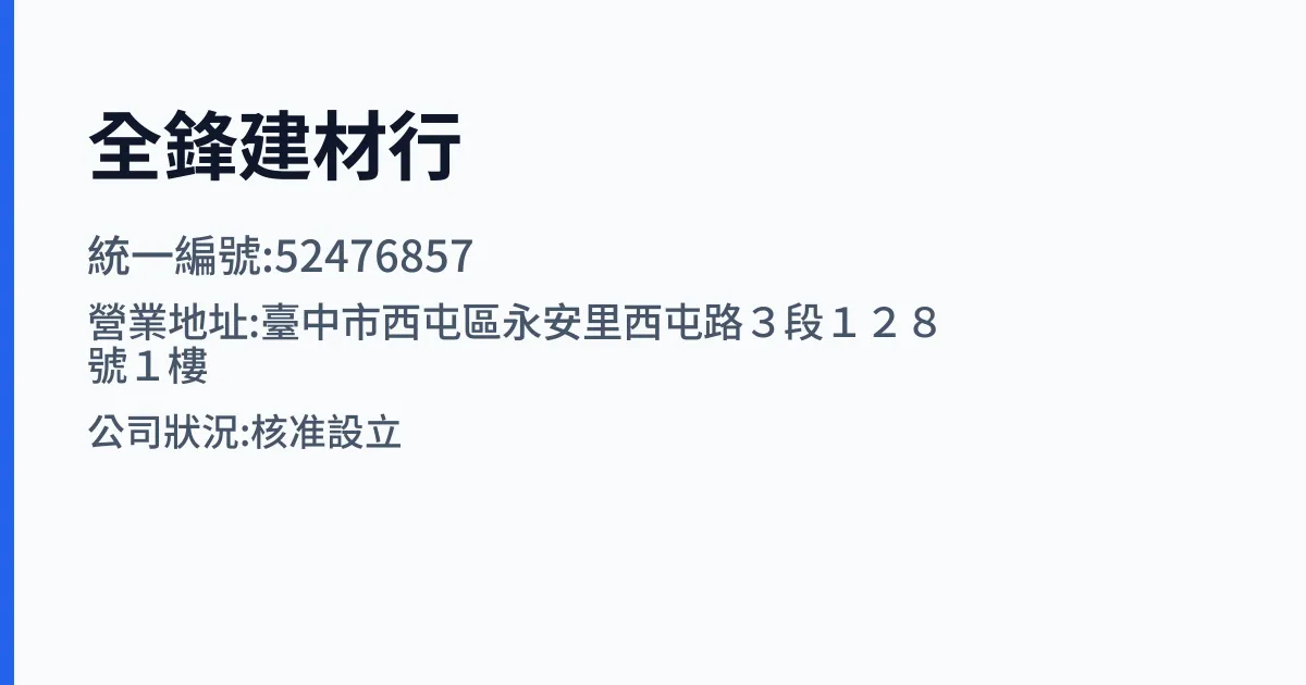 全鋒建材行 - 統編 52476857(臺中市) 公司登記資料與營業項目詳細圖表
