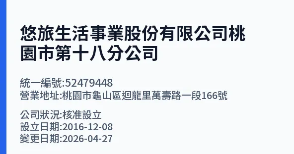 悠旅生活事業股份有限公司桃園市第十八分公司的照片-統編 52479448(桃園市) 公司登記資料與營業項目詳細圖表
