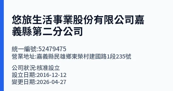 悠旅生活事業股份有限公司嘉義縣第二分公司的照片-統編 52479475(嘉義縣) 公司登記資料與營業項目詳細圖表