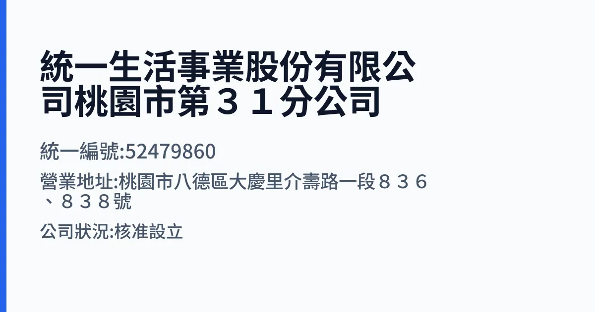 統一生活事業股份有限公司桃園市第３１分公司 - 統編 52479860(桃園市) 公司登記資料與營業項目詳細圖表