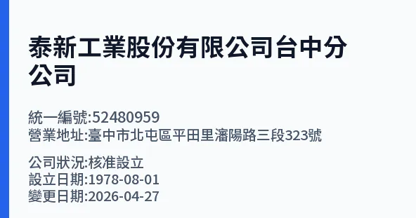 泰新工業股份有限公司台中分公司的照片-統編 52480959(臺中市) 公司登記資料與營業項目詳細圖表