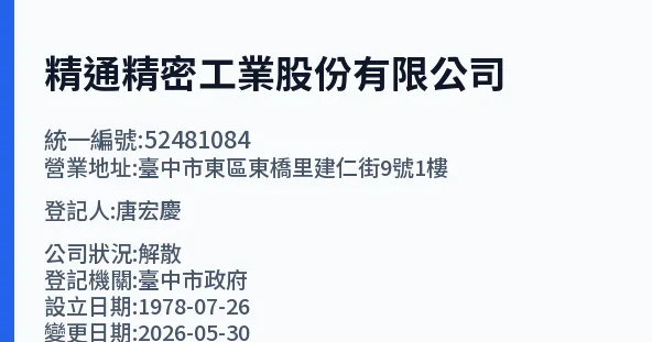 精通精密工業股份有限公司的照片-統編 52481084(臺中市) 公司登記資料與營業項目詳細圖表