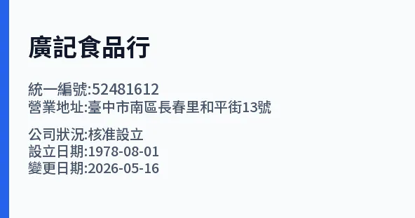 廣記食品行的照片-統編 52481612(臺中市) 公司登記資料與營業項目詳細圖表