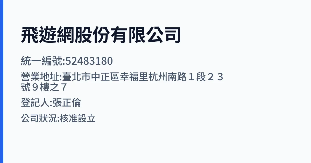 飛遊網股份有限公司 - 統編 52483180(臺北市) 公司登記資料與營業項目詳細圖表