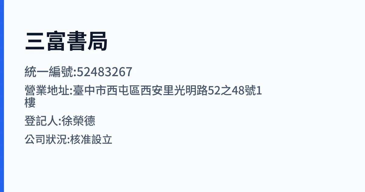 三富書局 - 統編 52483267(臺中市) 公司登記資料與營業項目詳細圖表