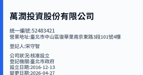 萬潤投資股份有限公司的照片-統編 52483421(臺北市) 公司登記資料與營業項目詳細圖表