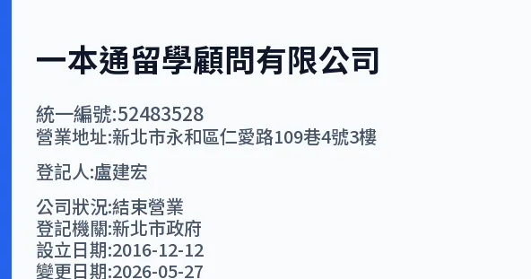 一本通留學顧問有限公司的照片-統編 52483528(新北市) 公司登記資料與營業項目詳細圖表
