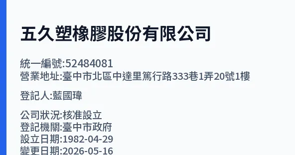 五久塑橡膠股份有限公司的照片-統編 52484081(臺中市) 公司登記資料與營業項目詳細圖表