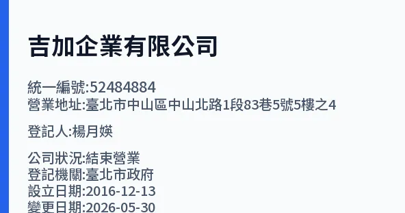 吉加企業有限公司的照片-統編 52484884(臺北市) 公司登記資料與營業項目詳細圖表