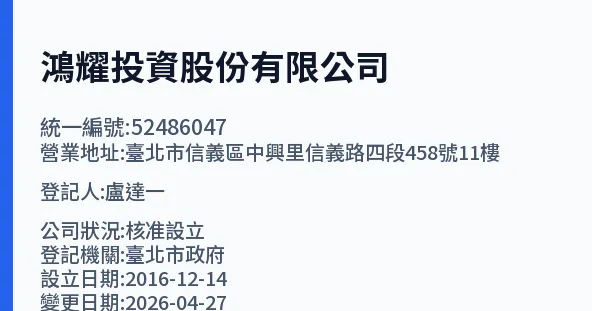 鴻耀投資股份有限公司的照片-統編 52486047(臺北市) 公司登記資料與營業項目詳細圖表