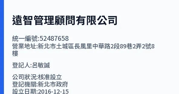 遠智管理顧問有限公司的照片-統編 52487658(新北市) 公司登記資料與營業項目詳細圖表