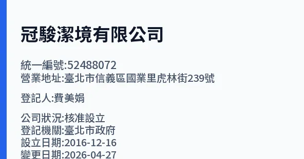 冠駿潔境有限公司的照片-統編 52488072(臺北市) 公司登記資料與營業項目詳細圖表