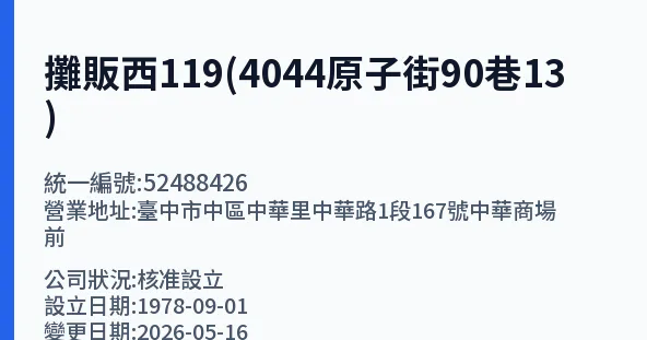 攤販西119(4044原子街90巷13)的照片-統編 52488426(臺中市) 公司登記資料與營業項目詳細圖表