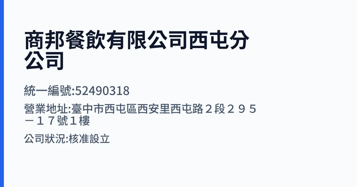 商邦餐飲有限公司西屯分公司 - 統編 52490318(臺中市) 公司登記資料與營業項目詳細圖表
