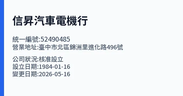 信昇汽車電機行的照片-統編 52490485(臺中市) 公司登記資料與營業項目詳細圖表