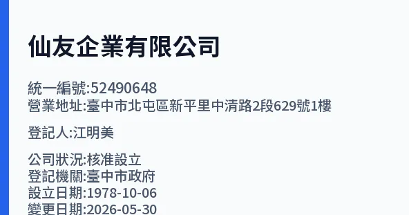 仙友企業有限公司的照片-統編 52490648(臺中市) 公司登記資料與營業項目詳細圖表