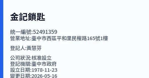 金記鎖匙的照片-統編 52491359(臺中市) 公司登記資料與營業項目詳細圖表