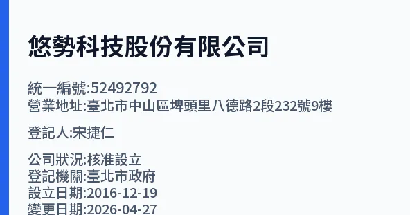 悠勢科技股份有限公司的照片-統編 52492792(臺北市) 公司登記資料與營業項目詳細圖表