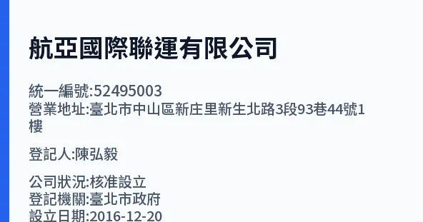 航亞國際聯運有限公司的照片-統編 52495003(臺北市) 公司登記資料與營業項目詳細圖表