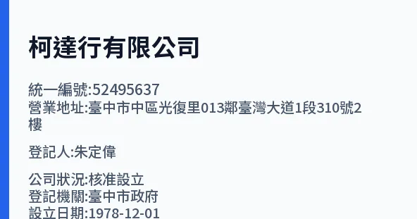 柯達行有限公司的照片-統編 52495637(臺中市) 公司登記資料與營業項目詳細圖表