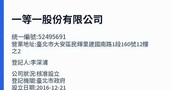 一等一股份有限公司的照片-統編 52495691(臺北市) 公司登記資料與營業項目詳細圖表