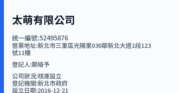 太萌有限公司的照片-統編 52495876(新北市) 公司登記資料與營業項目詳細圖表