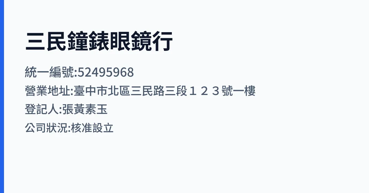 三民鐘錶眼鏡行 - 統編 52495968(臺中市) 公司登記資料與營業項目詳細圖表