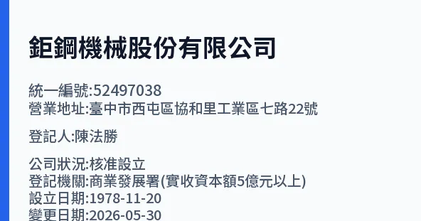 鉅鋼機械股份有限公司的照片-統編 52497038(臺中市) 公司登記資料與營業項目詳細圖表