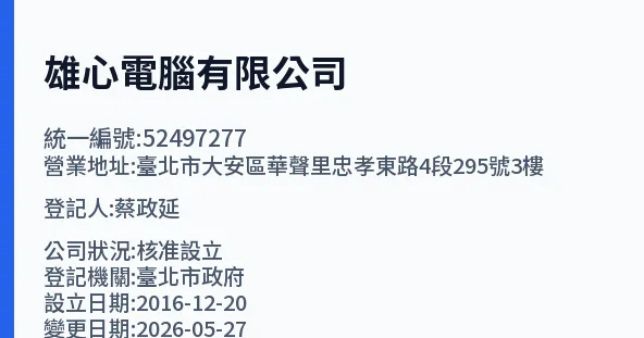 雄心電腦有限公司的照片-統編 52497277(臺北市) 公司登記資料與營業項目詳細圖表