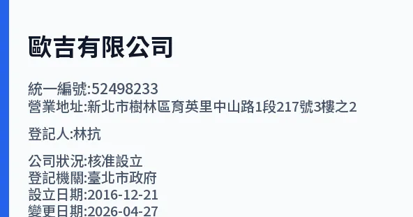 歐吉有限公司的照片-統編 52498233(新北市) 公司登記資料與營業項目詳細圖表
