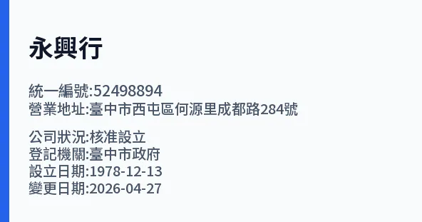 永興行的照片-統編 52498894(臺中市) 公司登記資料與營業項目詳細圖表