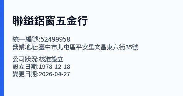 聯鎰鋁窗五金行的照片-統編 52499958(臺中市) 公司登記資料與營業項目詳細圖表