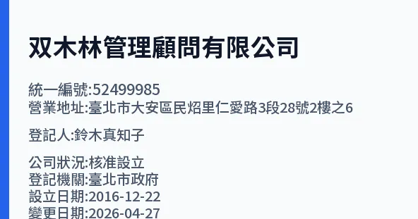 双木林管理顧問有限公司的照片-統編 52499985(臺北市) 公司登記資料與營業項目詳細圖表