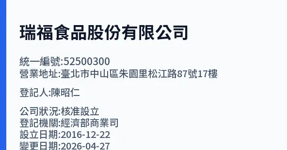 瑞福食品股份有限公司的照片-統編 52500300(臺北市) 公司登記資料與營業項目詳細圖表