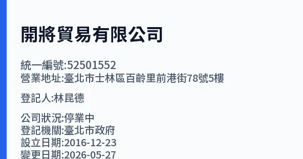 開將貿易有限公司的照片-統編 52501552(臺北市) 公司登記資料與營業項目詳細圖表