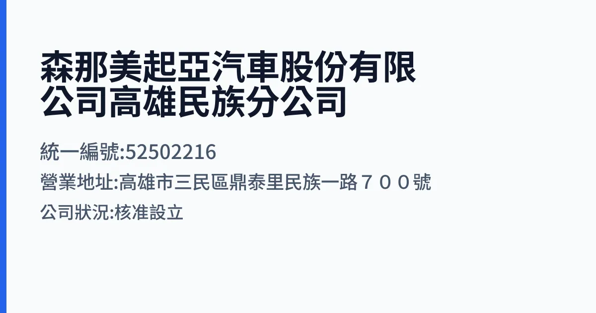 森那美起亞汽車股份有限公司高雄民族分公司 - 統編 52502216(高雄市) 公司登記資料與營業項目詳細圖表
