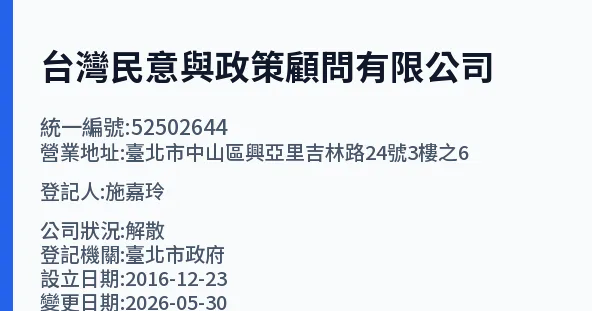 台灣民意與政策顧問有限公司的照片-統編 52502644(臺北市) 公司登記資料與營業項目詳細圖表